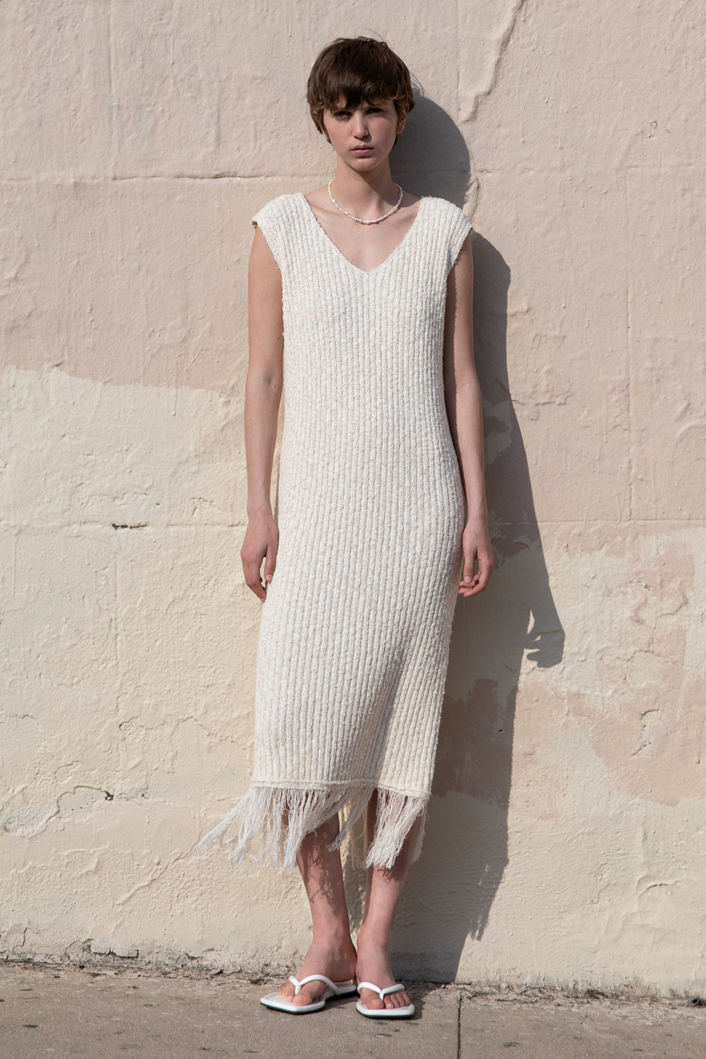 Textured Rib-knit Midi Dress with Fringed Hem, Heather Cream – MODU Atelier